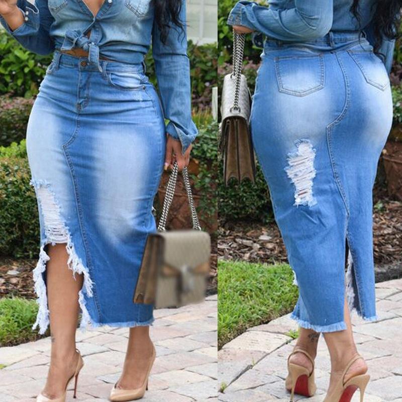 Buy Women Fashion High Waist Ripped Denim Skirt Distressed Jeans Skirts ...