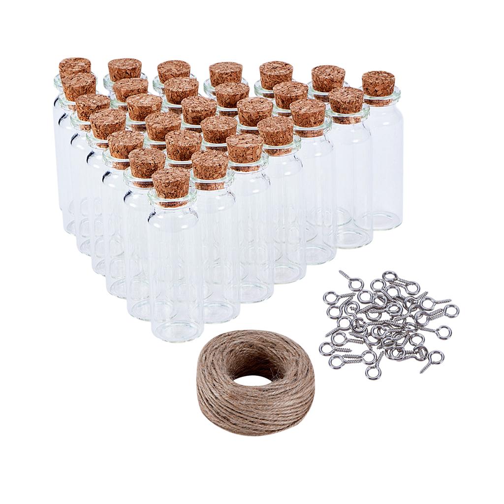 30 Pieces Clear Glass Bottles with Cork Stoppers & Eye Screws Jute ...