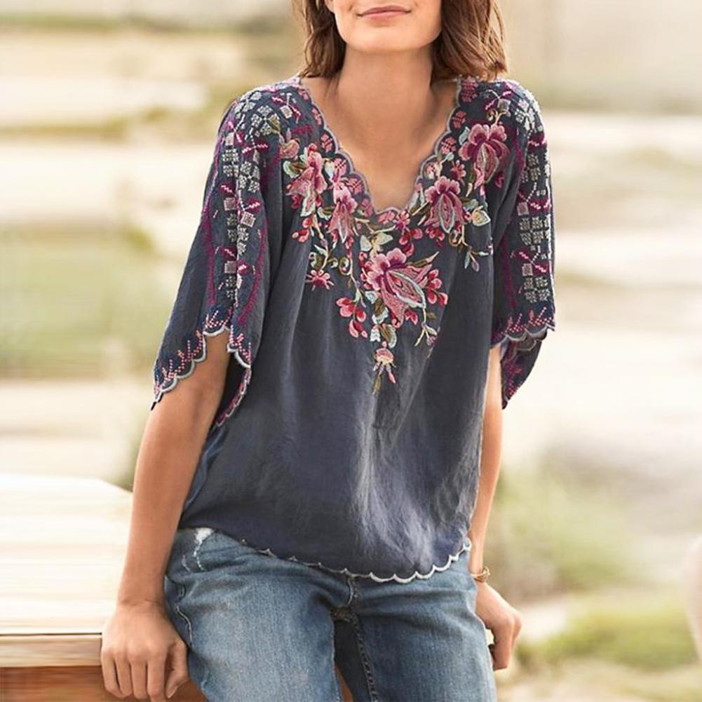 Buy Fashion Top Women V Sleeve Floral Embroidery Blouse at affordable ...