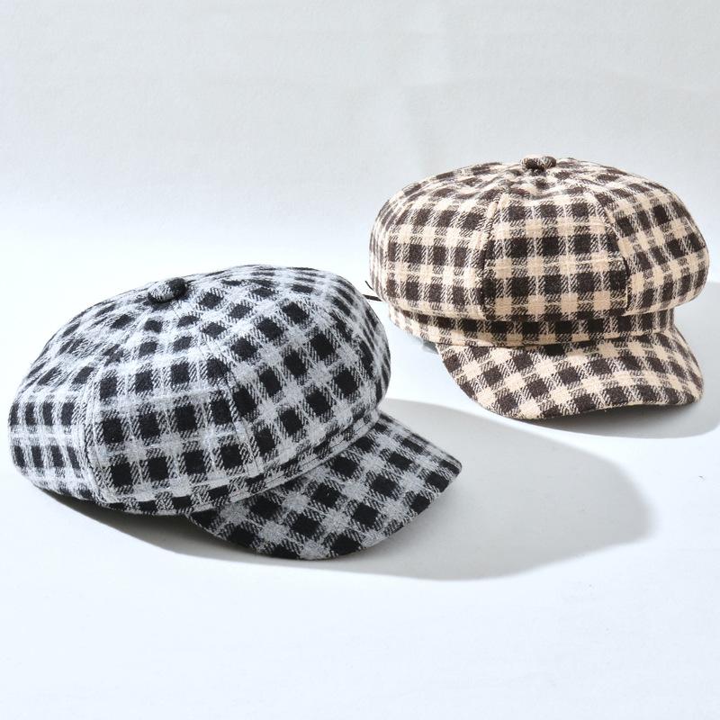 Buy Retro Peaked Cap Plaid Octagonal Hat Autumn and Winter Women's Hat ...