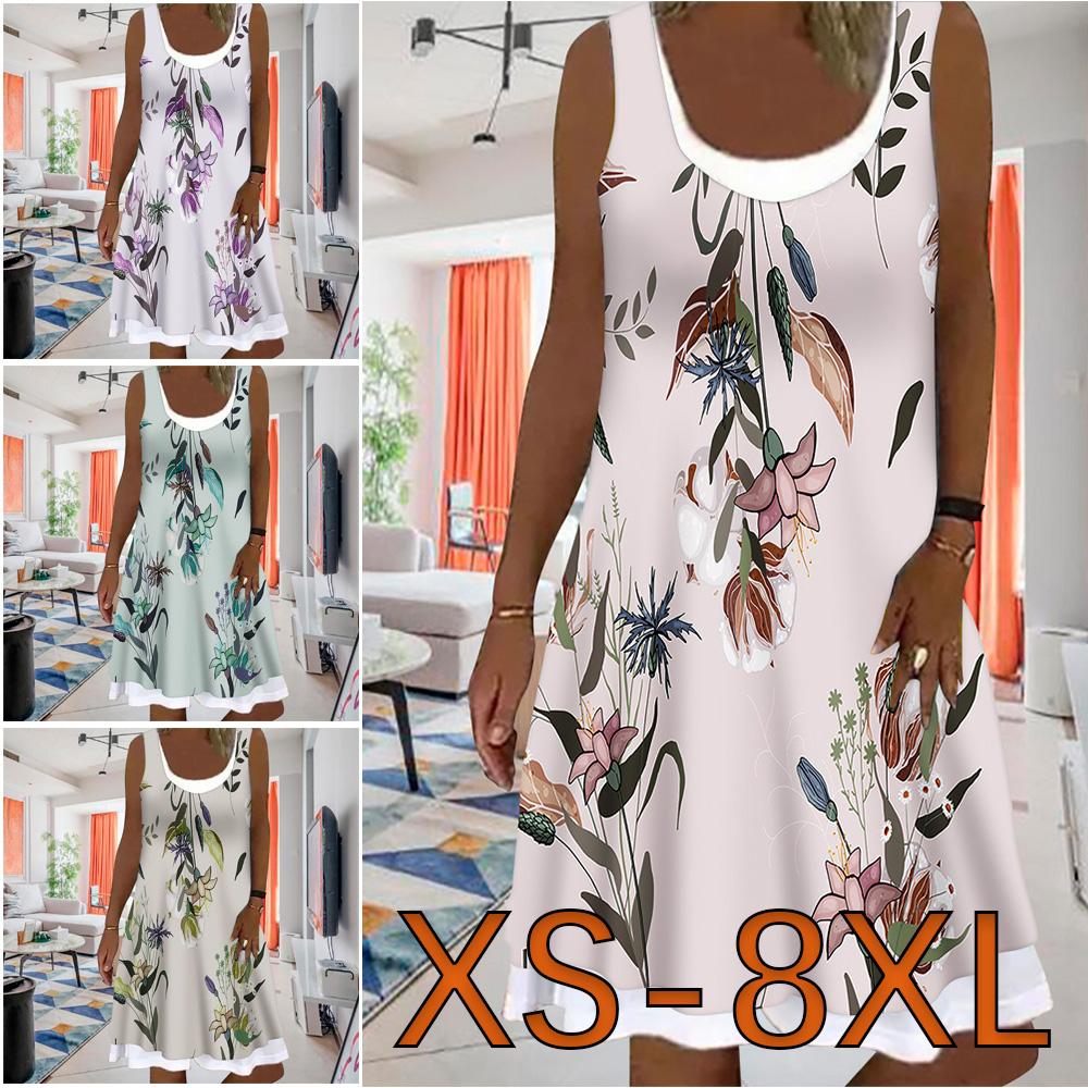 Cheap Women's Loose Floral Printed Dress Sleeveless Casual Plus Size Round Neck 2022 Summer New ...