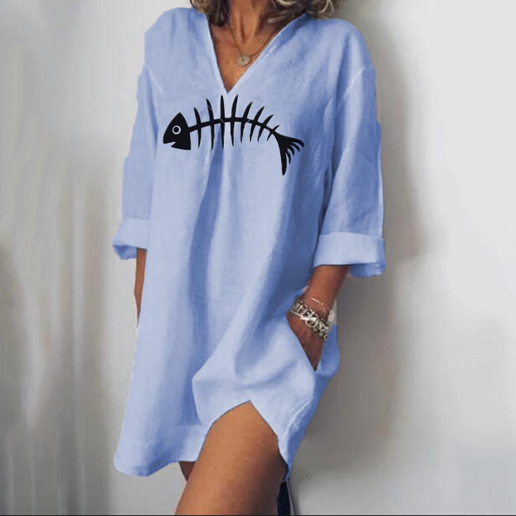 Loose Casual Fishbone Print V Neck Long Sleeved Summer Dress With ...
