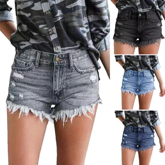 Cheap Mid-Rise Multi Pockets Button Zipper Fly Denim Shorts Tassels ...