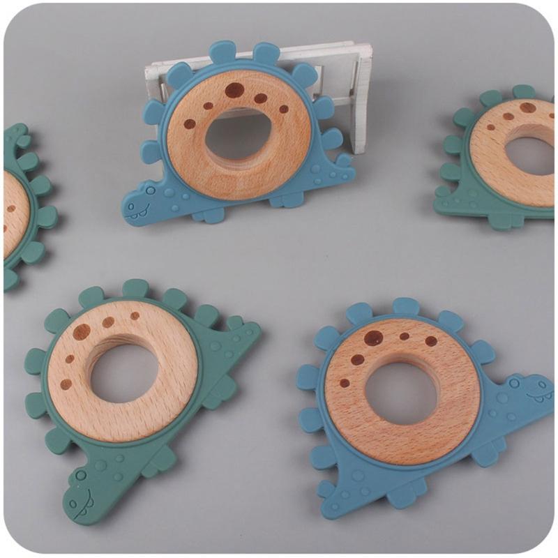 Satın alın Baby Silicone Teether Bead Cartoon Animal Dinosaur Wood Ring ...