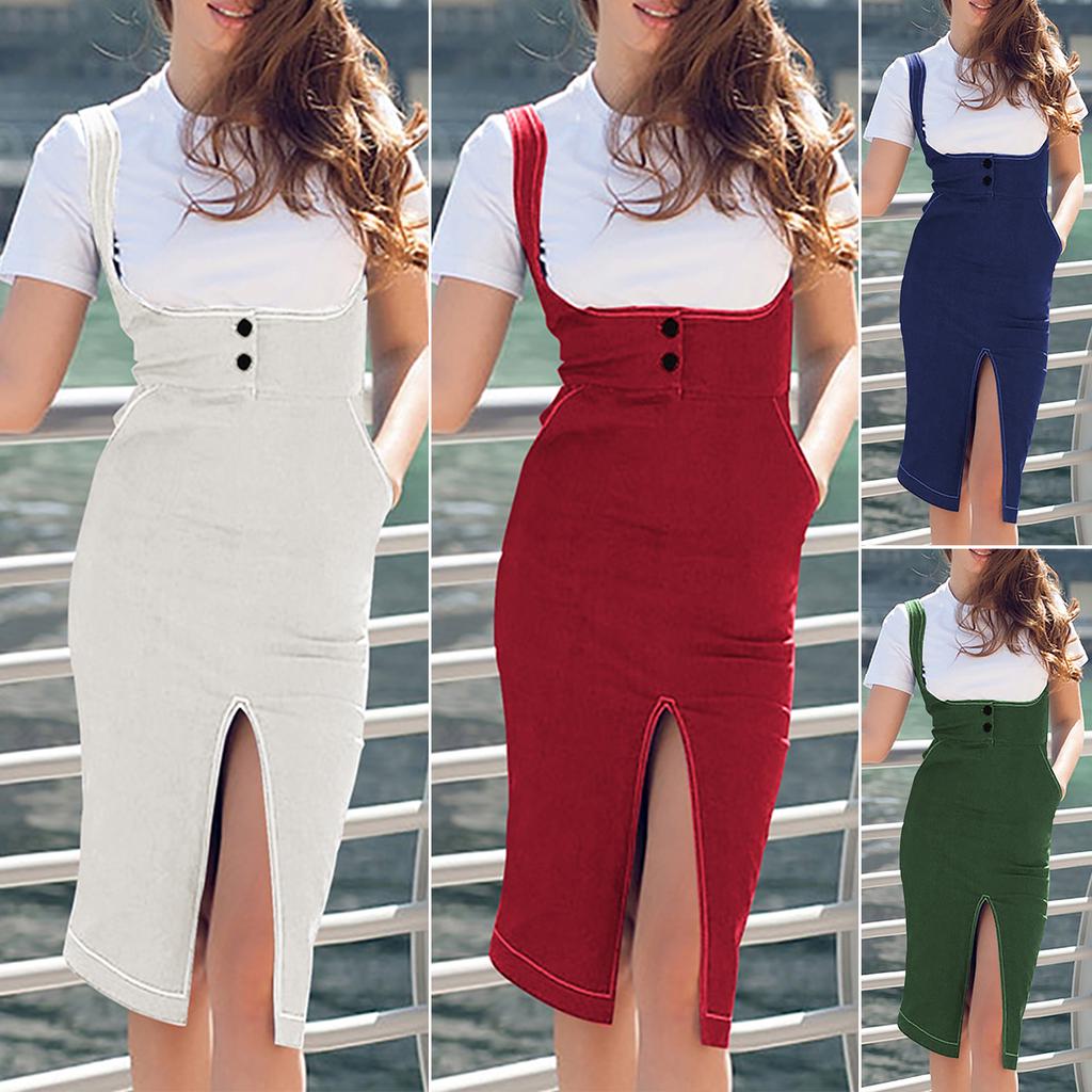 Buy Autumn Pure Color Slim Waist Elegant Bottom Dresses Side Split ...