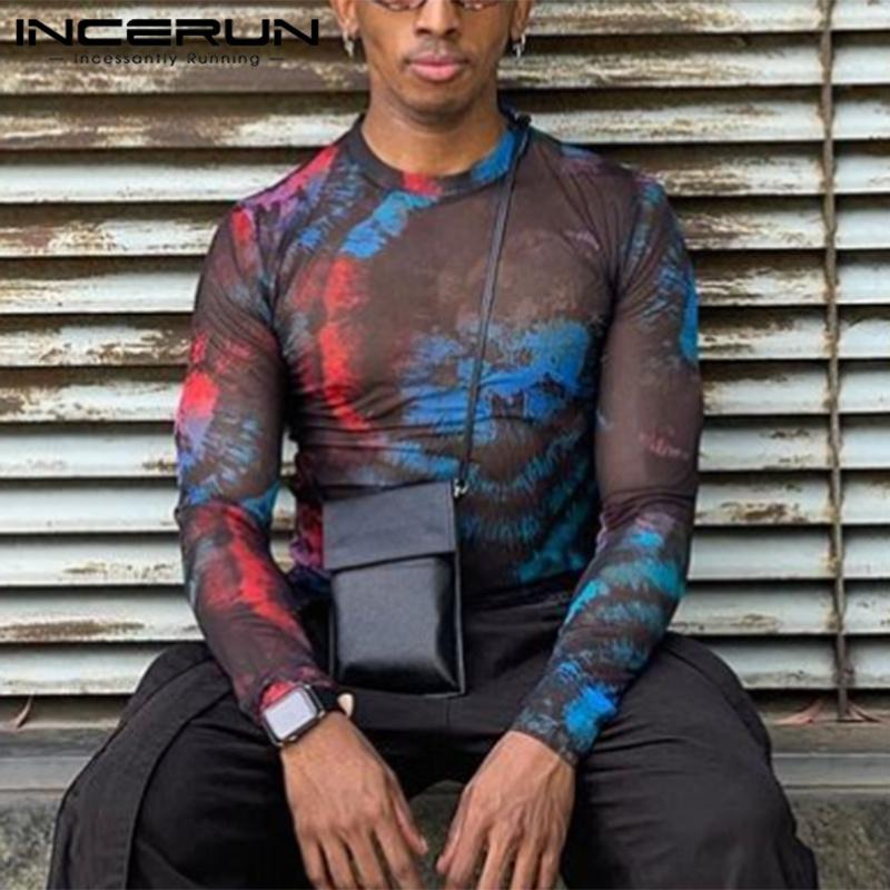 Buy INCERUN Summer Men's Long Sleeve Printing T Shirts Mesh Breathable ...