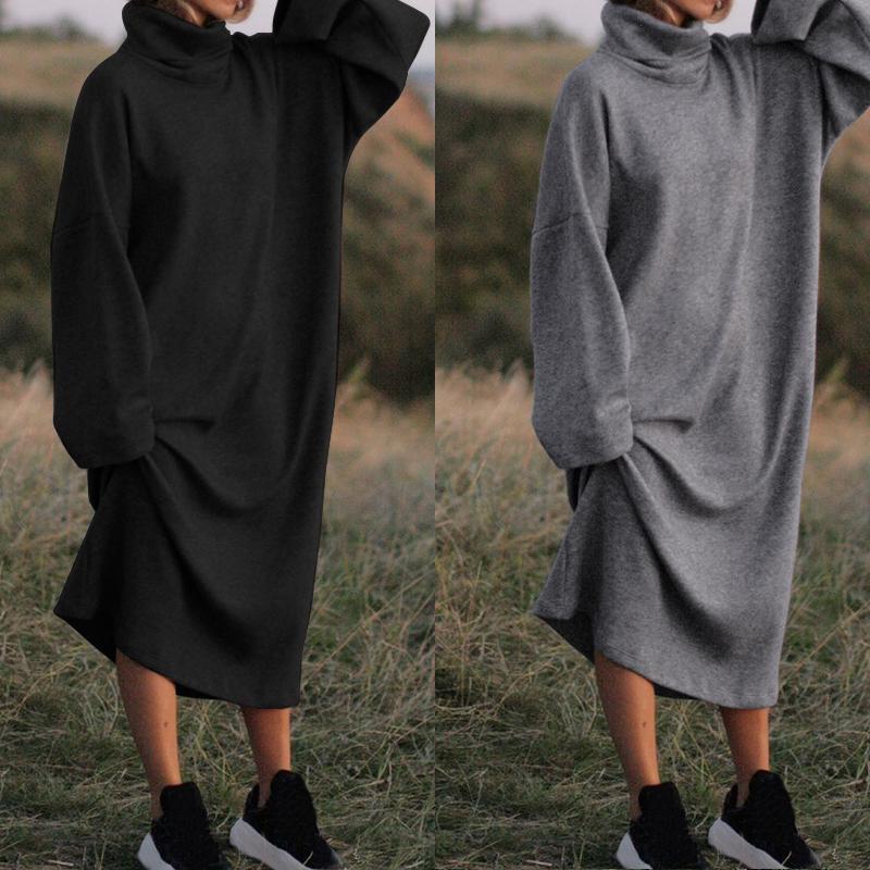 ZANZEA Women Fashion High Neck Full Sleeve Robes Casual Loose Long ...