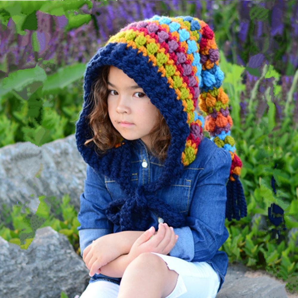 Buy Winter Thickened Children's Hat Wool Crochet Rainbow Long Tail Hat ...