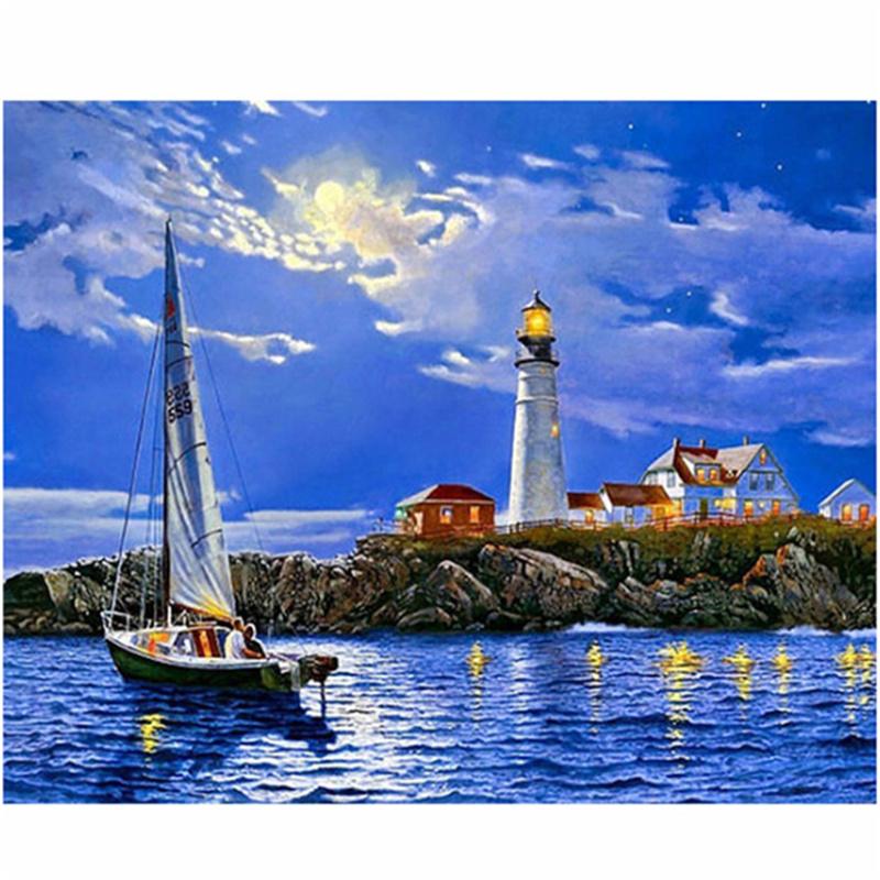 💰Kjøp 5D DIY Full Round Diamond Painting Sea and lighthouse Diamond ...