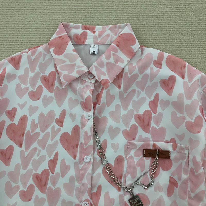 Cheap Women Heart Print Shirt with Chain Summer Turn Down Collar ...