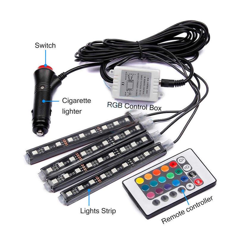 Buy 4pcs 9LED Colorful Car Interior Lights Remote Control RGB Car ...