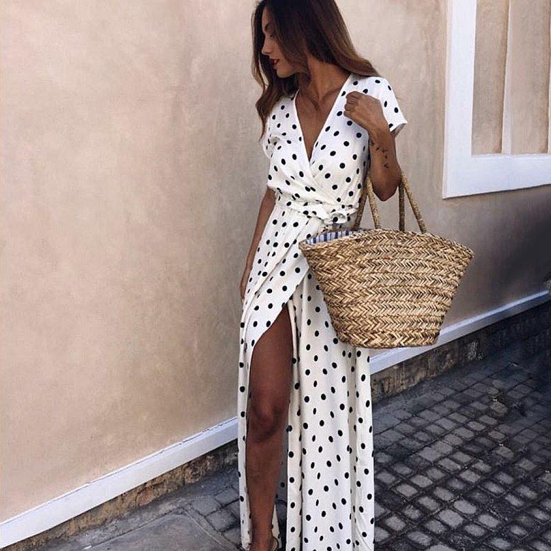 Buy Women's Summer Short-sleeved Dress V-neck Low-cut Print Wave Dress ...