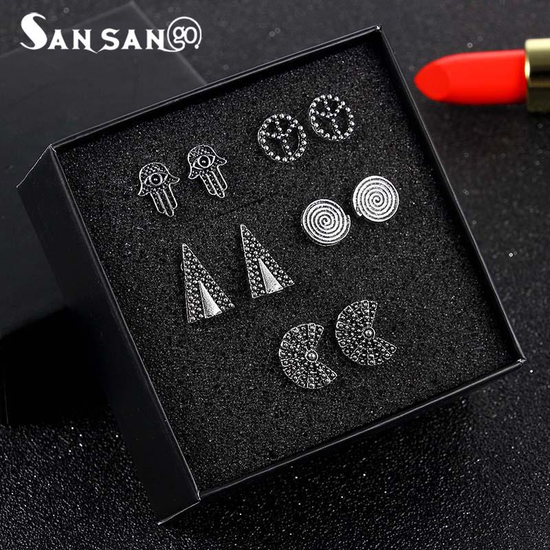 Buy 5Pairs Antique Silver Color Fatima Hand Multi-Shape Stud Earring Set Trendy Temperament ...