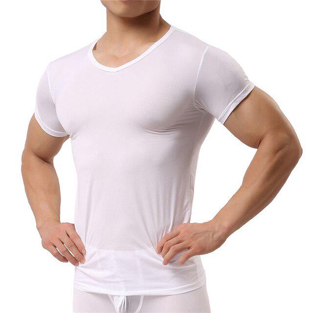 Buy Man Undershirt Ice Silk Spandex Sheer T Shirts Male Nylon V-neck ...