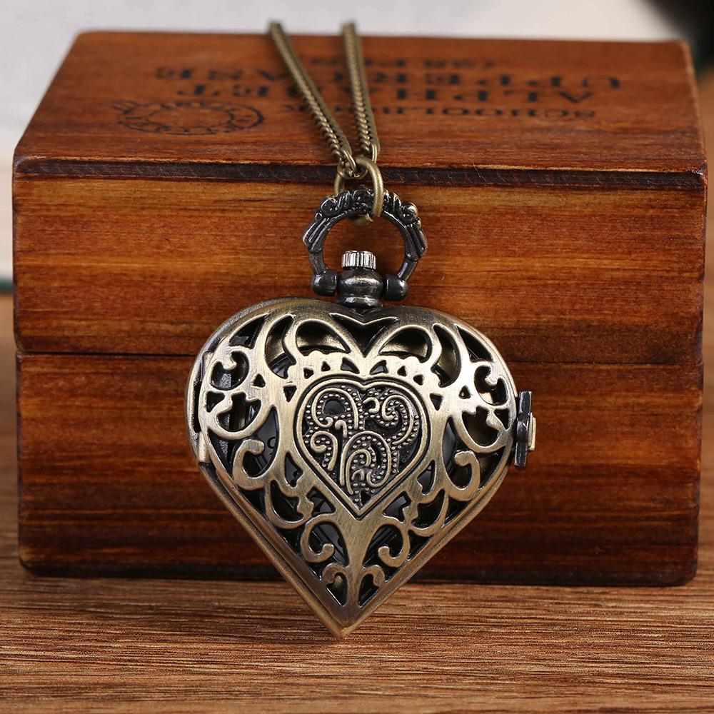 Cheap Large Peach Heart Quartz Pocket Watch Hollow Bronze Creative Gift ...
