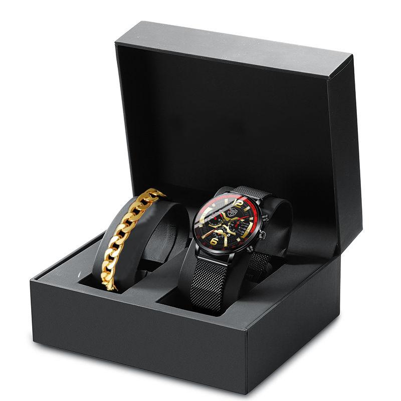 💰Kjøp Fashion Mens Black Watches Gold Bracelets Set Calendar Quartz ...