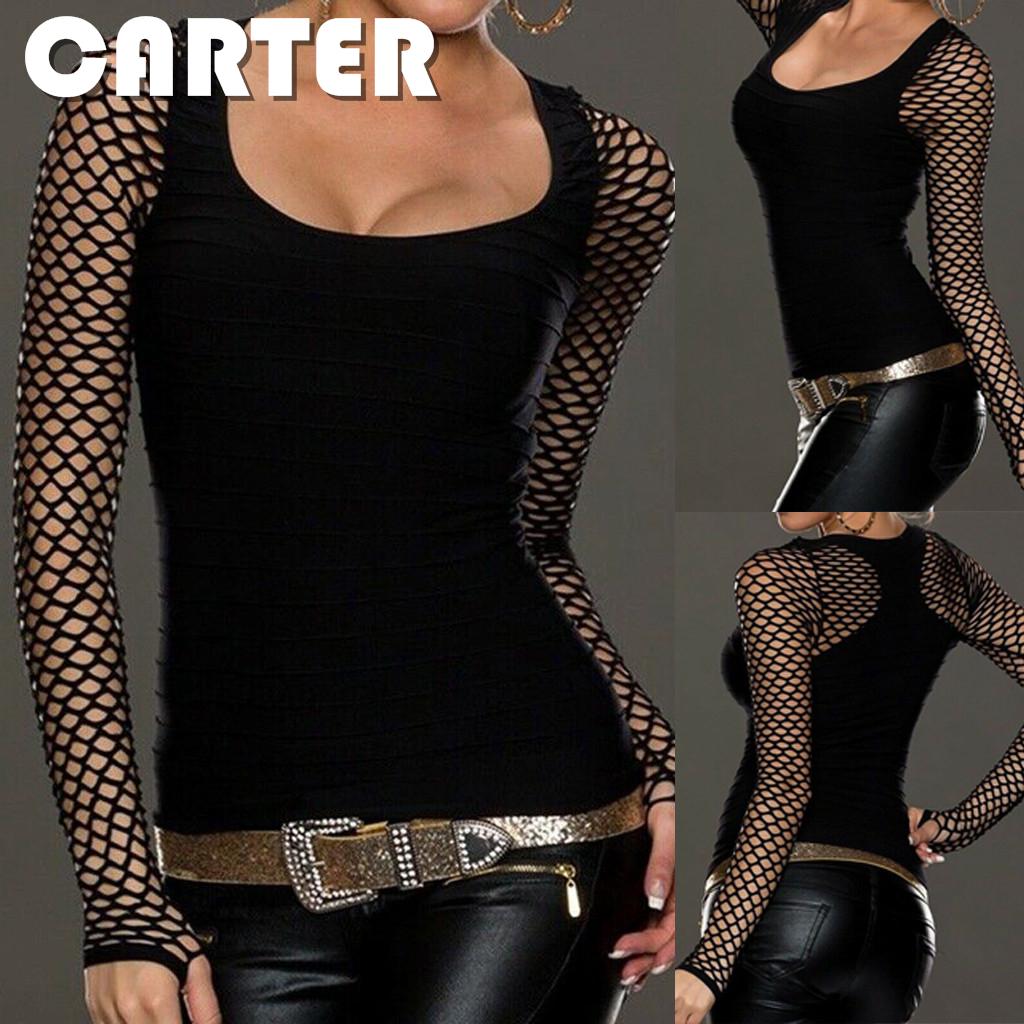 Buy MC Net Tops Punk Rock Gothic Fishnet Shirt Women Slim Low Cut Long ...