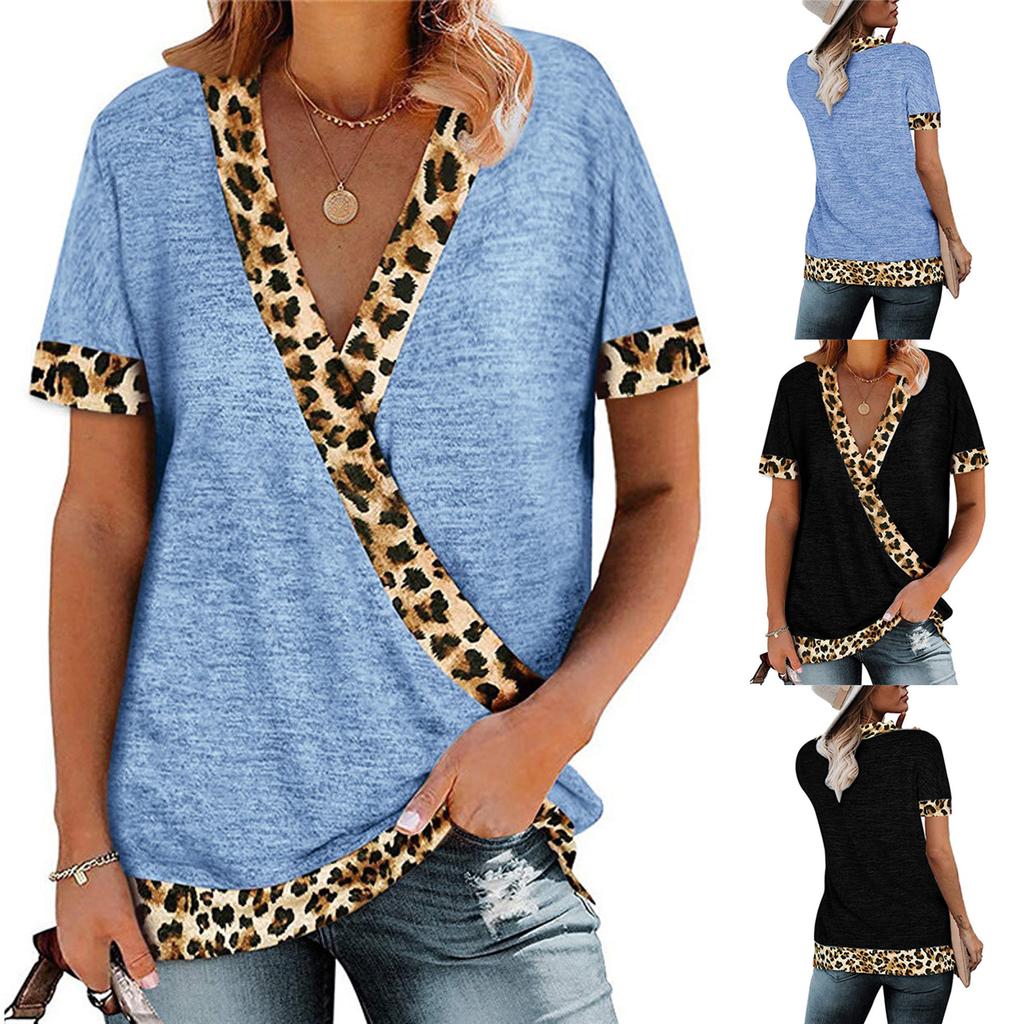 Buy CUEAIR Women Short Sleeve Blouse Leopard Print Sexy V-neck Splicing ...