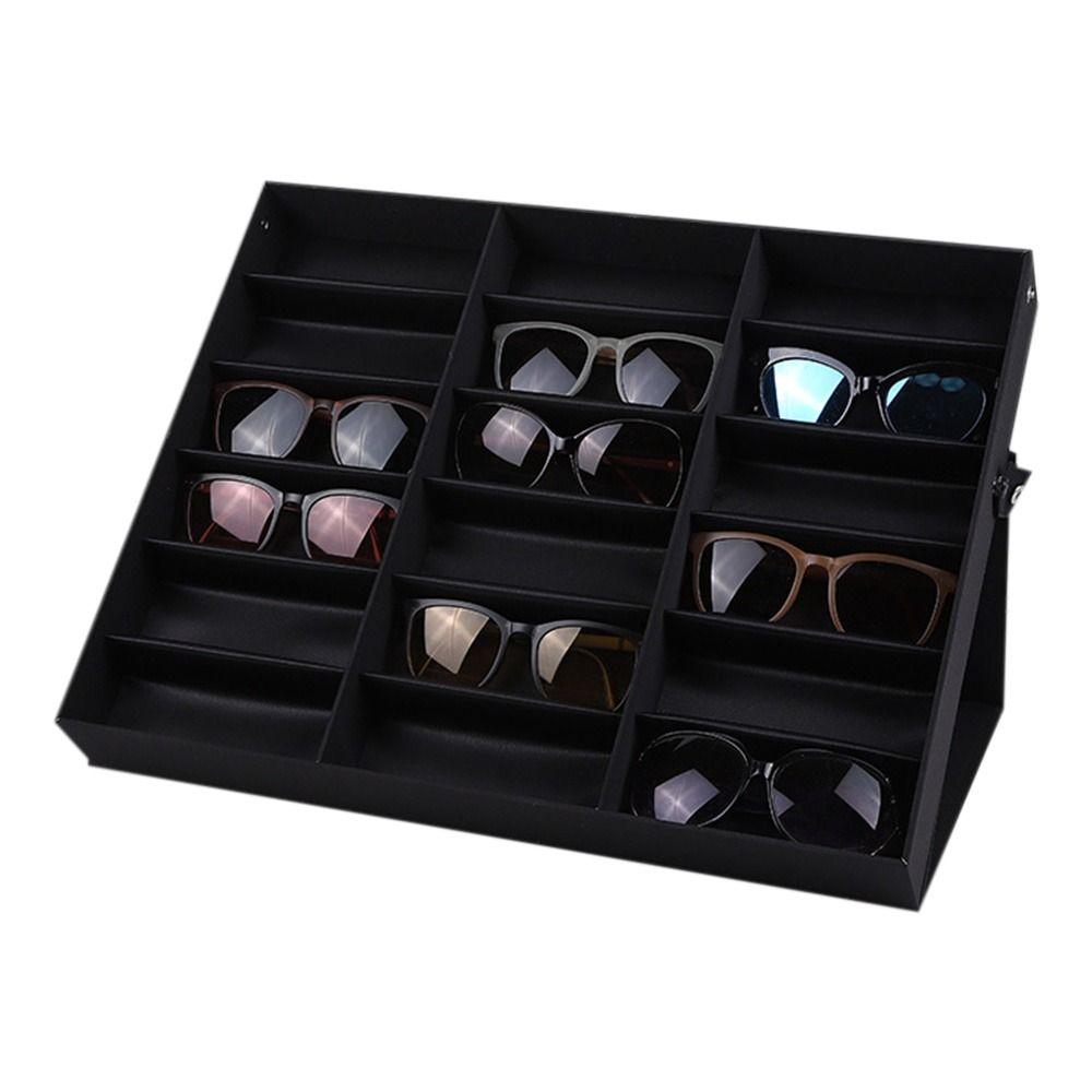 Cheap Leather Eyeglass Organizer Box 18 Grids Glasses Tray Sunglasses ...