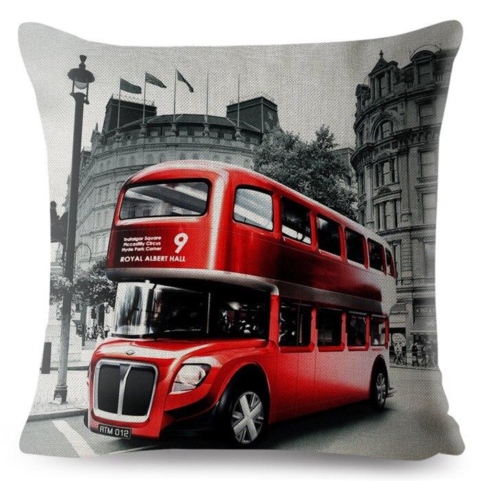 Buy Red London Bus Print Cushion Cover Beige Linen Pillow Covers 45 ...