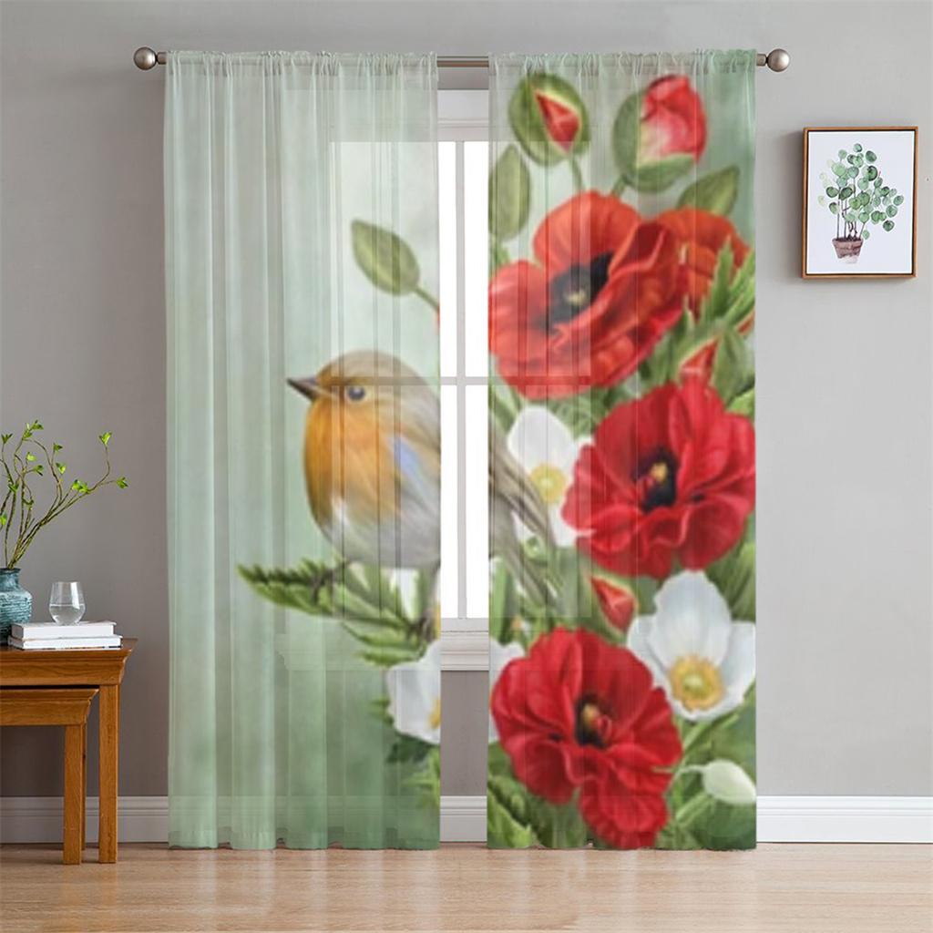 Satın alın Bird Red Poppies Tulle Sheer Window Curtains For The Kids ...