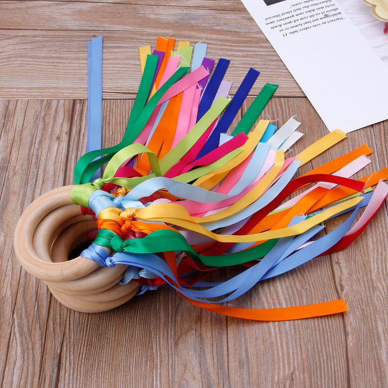Buy Rainbow Natural Wooden Ribbon Ring Baby Teether Newborn Sensory Toy ...