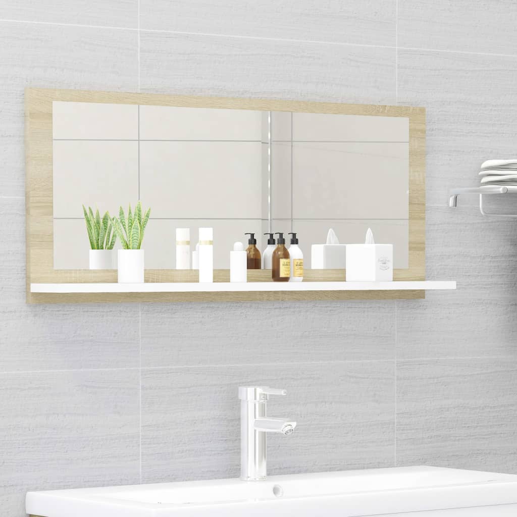 Buy Bathroom Mirror White and Sonoma Oak 90x10.5x37 Cm Engineered Wood ...
