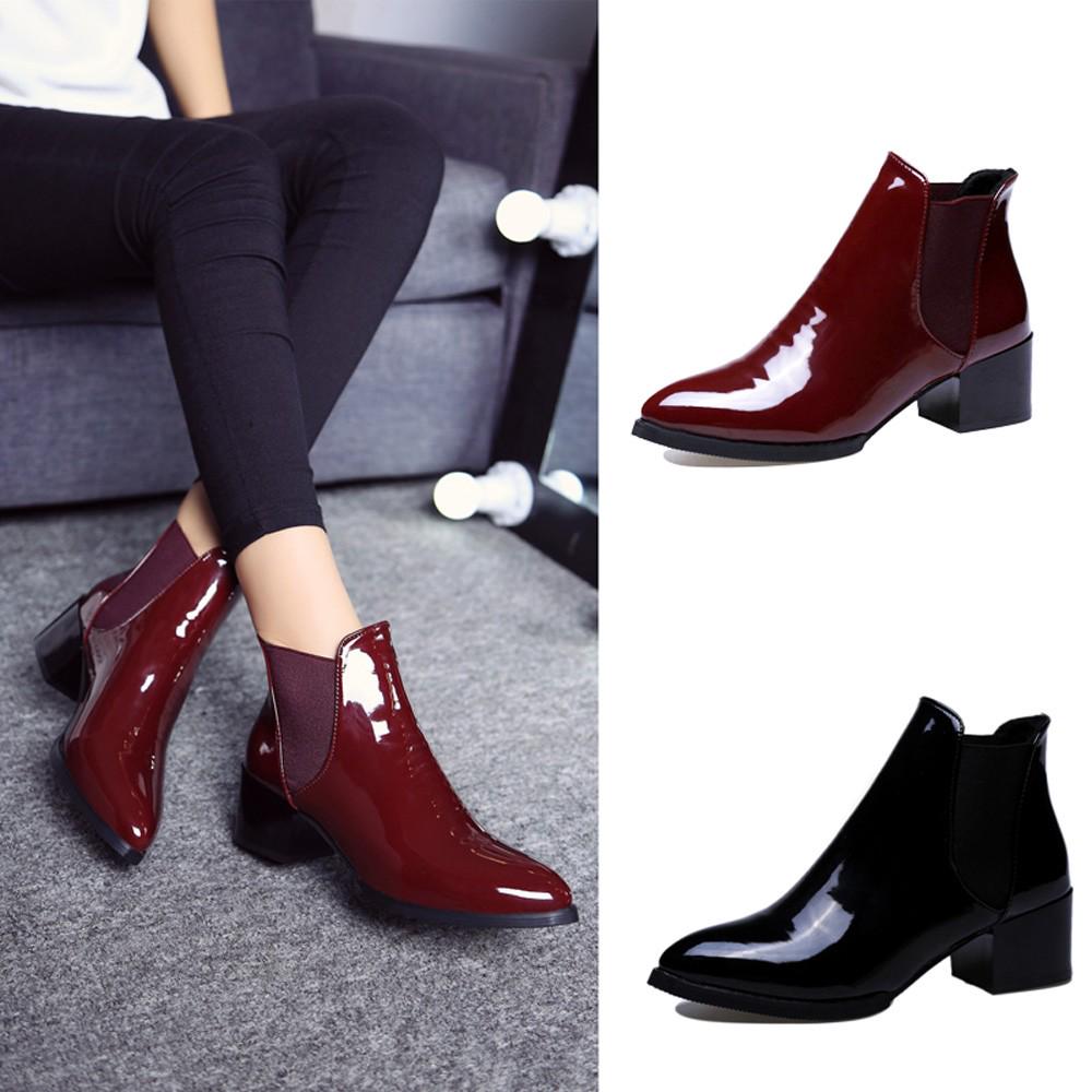 Buy LG Women Pointed Low Heel Boots Elasticated Patent Leather Boots at ...