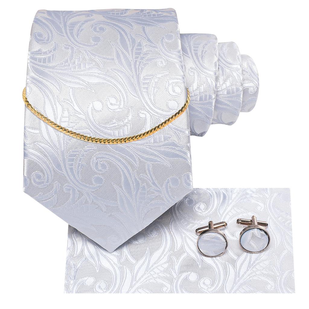 HI-Tie Mens Silver Tie Chain Silk Necktie Handkerchief Cufflinks for ...