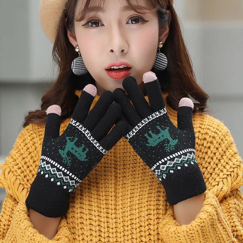 Satın alın Women's Winter Gloves Touch Screen Mittens Korean Style Cute Deer Wool Knitted Five ...
