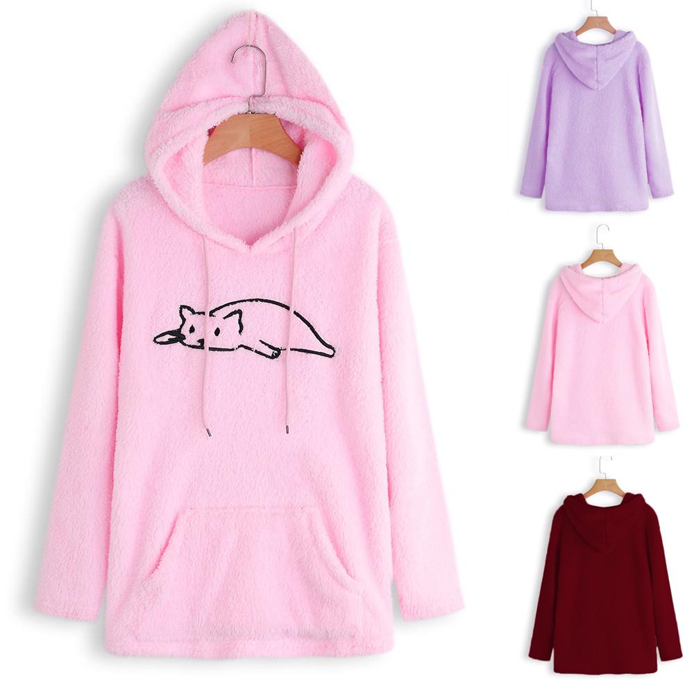 Buy Women Causal Embroidery Cat Pockets Casual Hoodies Blouse Solid ...