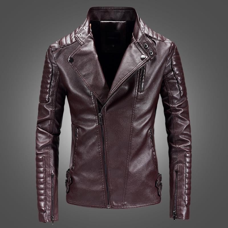 Buy Men's Button Diagonal Zipper Leather Jacket Motorcycle Leather ...