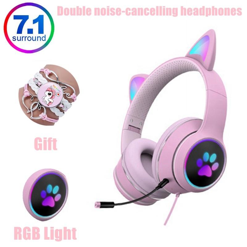 Buy Cat Ear Gamer Headset Girl Cute Headset Double Noise-Cancelling ...