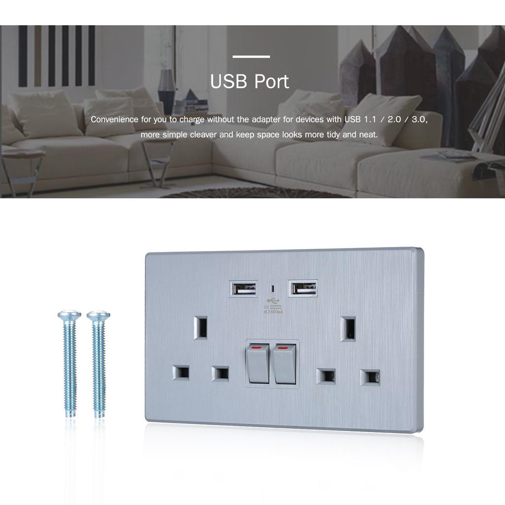 Buy 2 Gang Dual Plug Socket 13A with 2 5V 2.4A USB Port Wall Switched ...