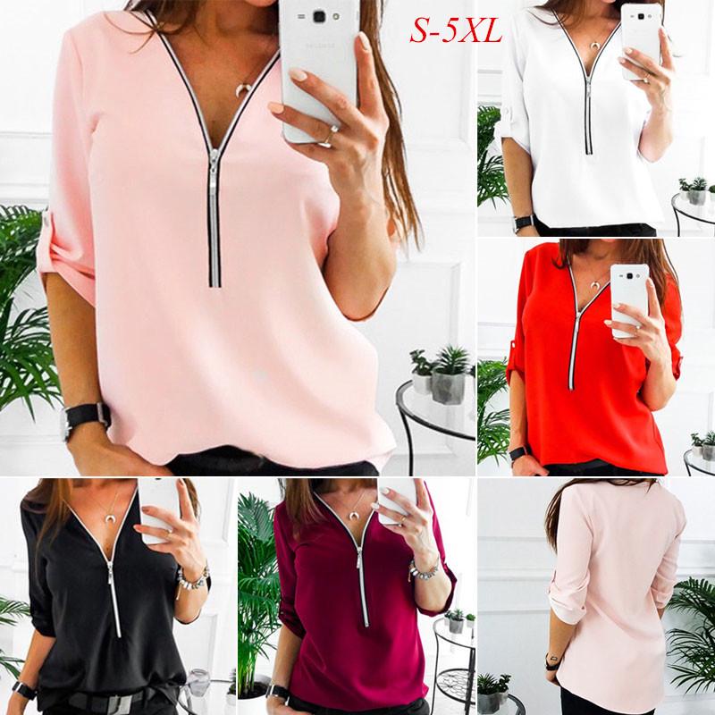 Women Sexy Zipper Top Casual Roll Sleeve Pullover Shirt Plus Size 5XL ...