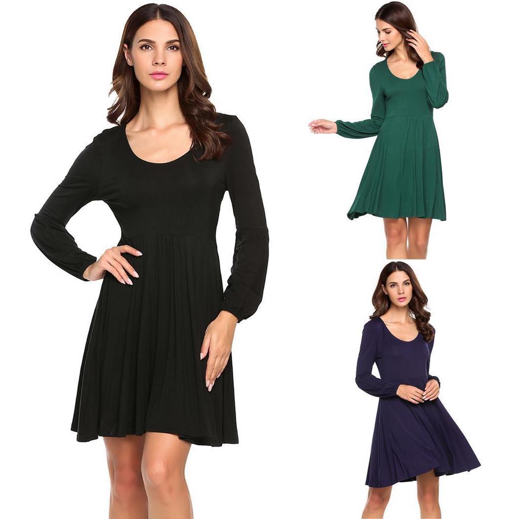 Buy Women Elegant Lantern Long Sleeve A-Line Swing Short Dress at ...