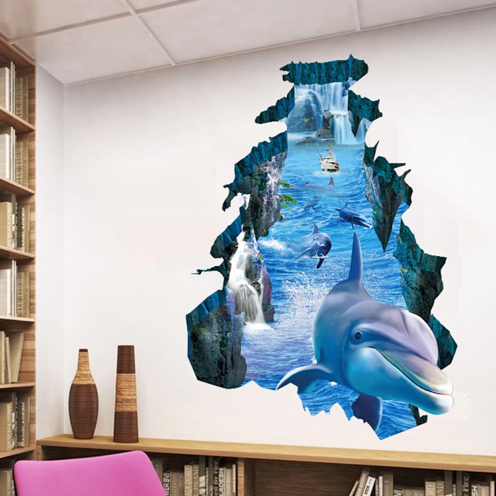 Buy 3D Dolphin Broken Wall PVC Self-Adhesive Wall Sticker DIY Ground ...