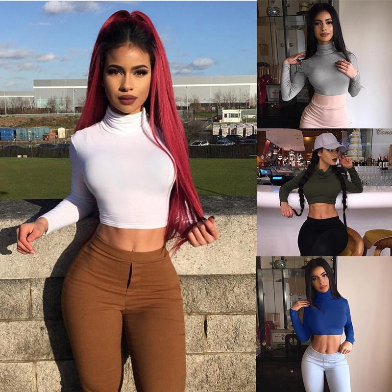 Buy Sexy Women Long Sleeve Turtleneck Casual Slim Crop Tops Skinny