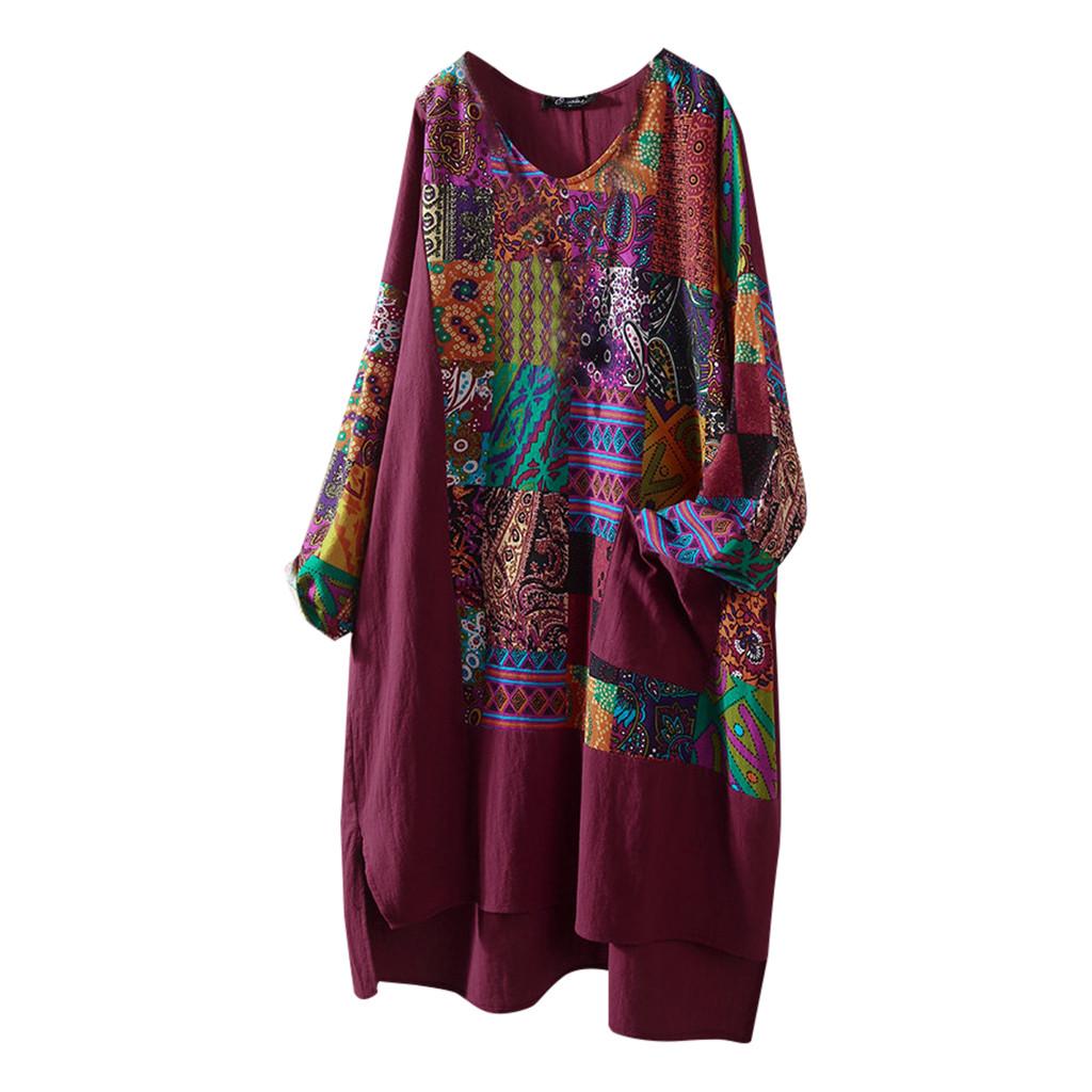 Buy Minerva Plus Size Women Long Sleeve Cotton Linen O Neck Print