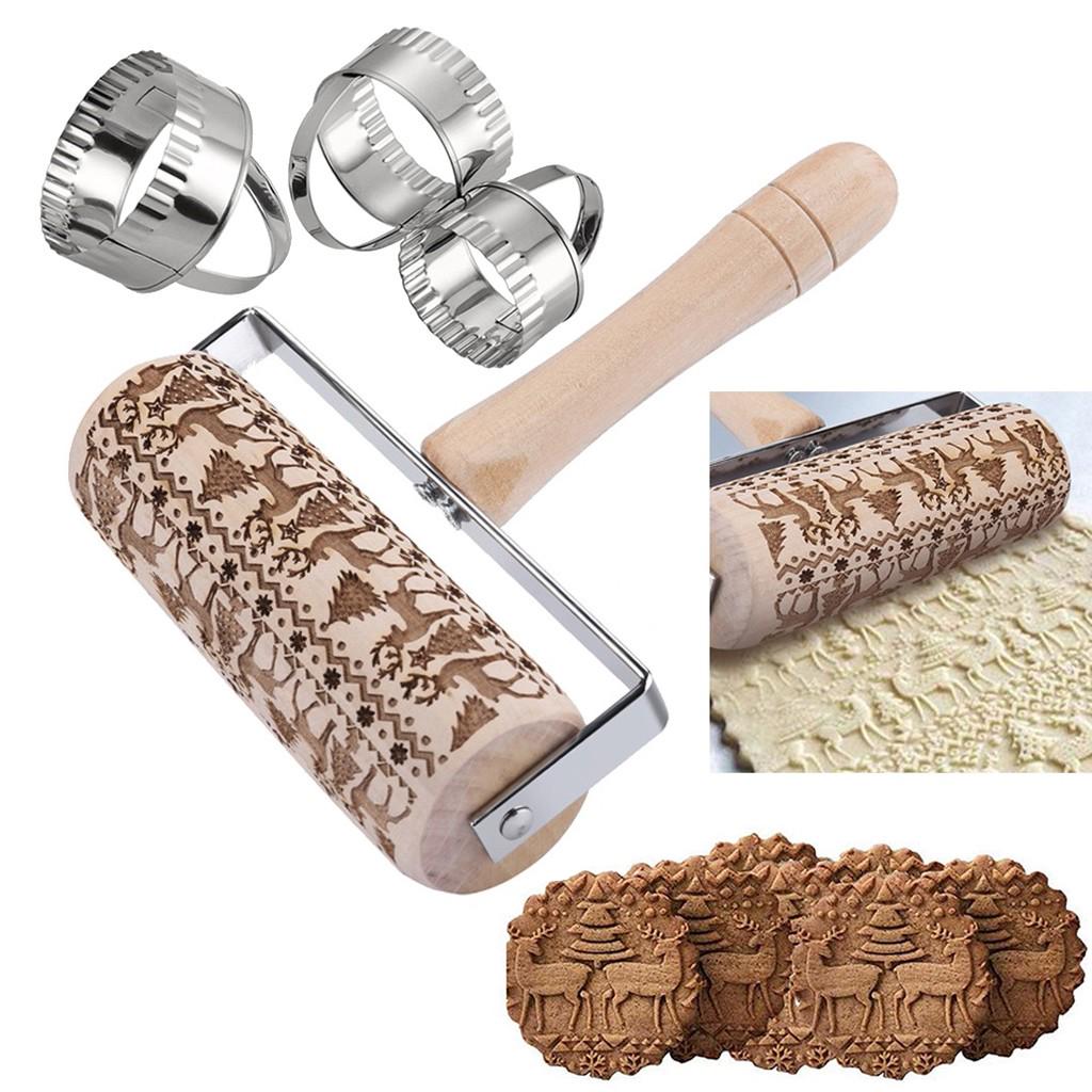 Buy Embossed Rolling Pin Christmas Wooden Rolling Pins With Cookies ...