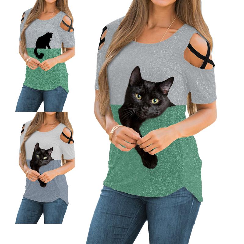 Buy Women Sexy Strapless T-shirt with Animal Cat Pattern Printing Round ...