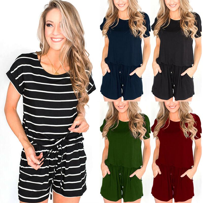 Buy Women Casual Solid Mini Jumpsuit Short Sleeve Bandage Ladies Loose ...
