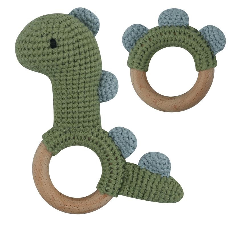 1Set Crochet Dinosaur Baby Teether Rattle Safe Beech Wooden Teether ...