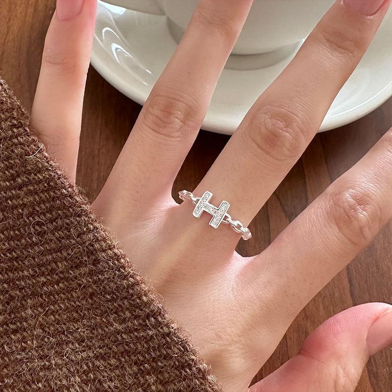 Chuangke S925 Sterling Silver Letter H Diamond-Studded Ring New Niche High Sense Switchable ...