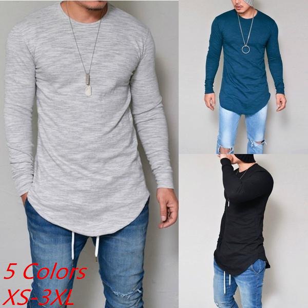 Buy Men's Fashion Pure Color T-shirt Casual Long Sleeve Round Collar ...
