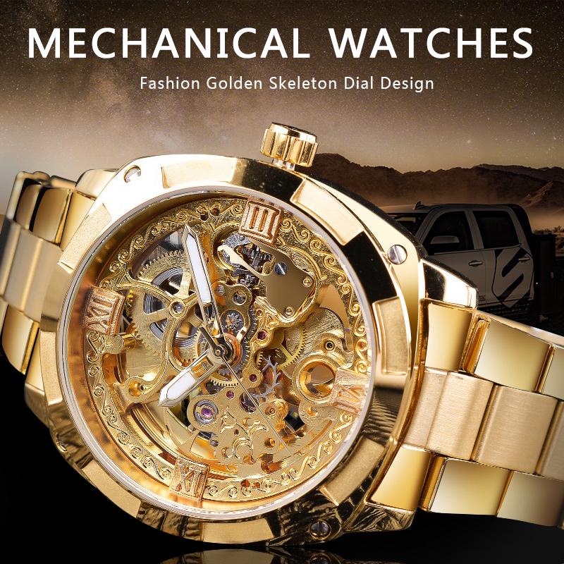 Buy Men Automatic Luminous Skeleton Watches Gold Stainless Steel ...