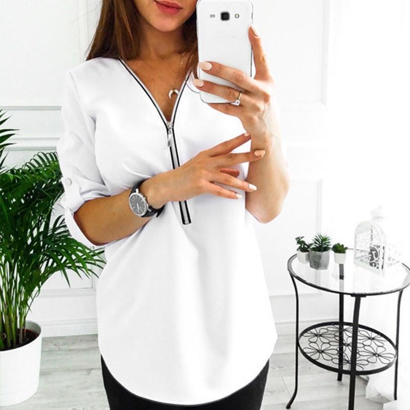 Women Sexy Zipper Top Casual Roll Sleeve Pullover Shirt Plus Size 5XL ...