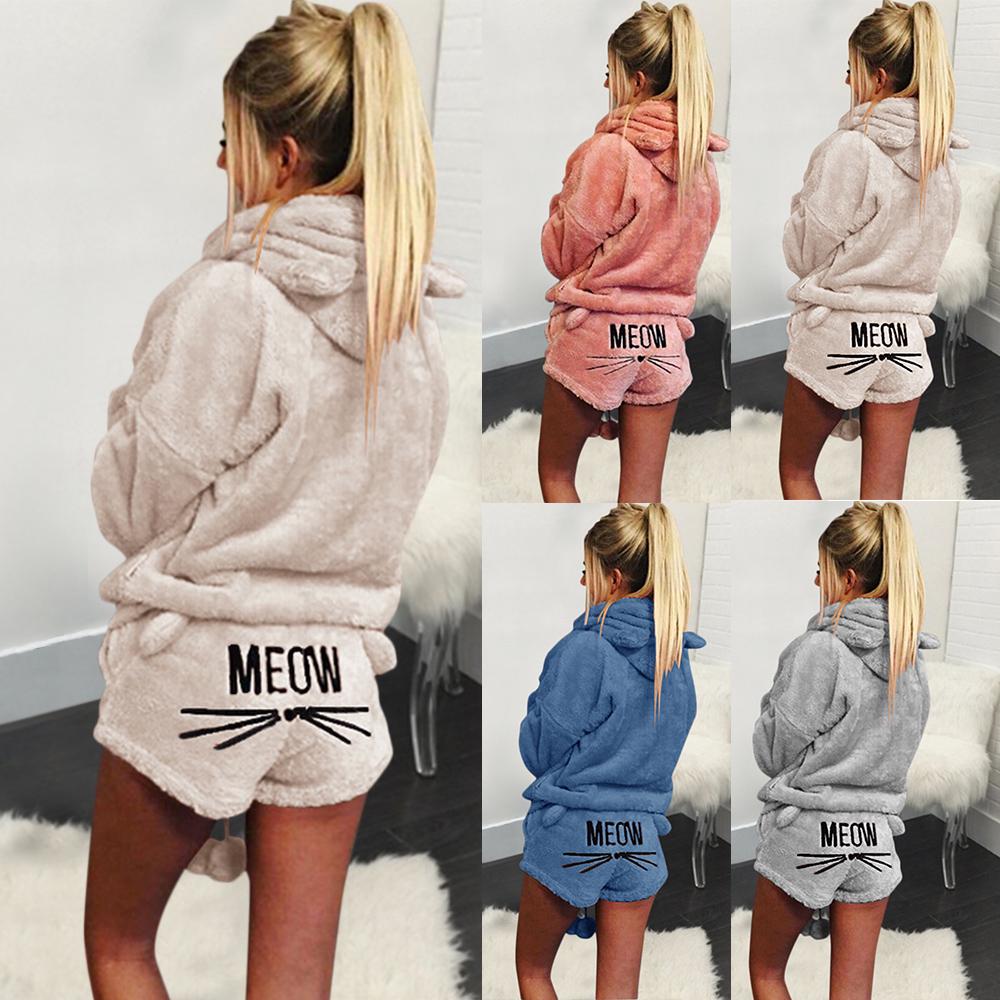 Buy Winter Women Cute Cat Pajamas Set Sweet Warm Sleeping Suits Hoodie ...