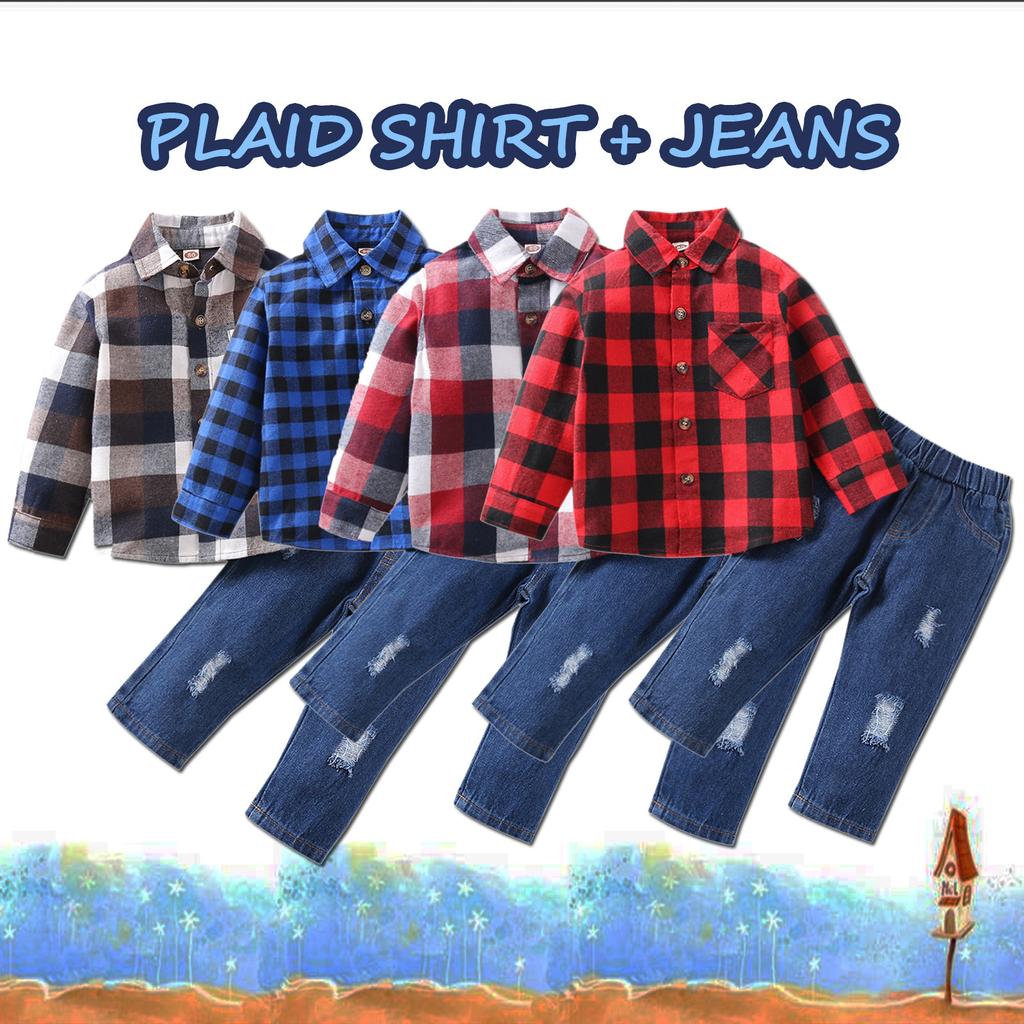 Cheap Toddle Baby Kids Boys Plaid Checked Shirt Tops+Ripped Jeans Set ...
