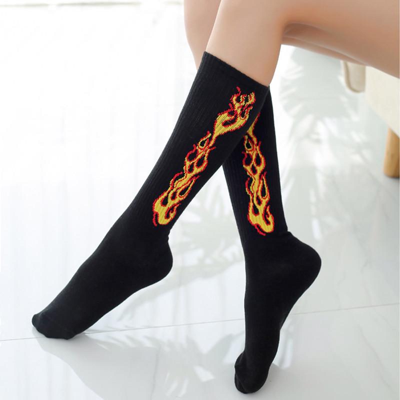 Buy Knee High Cotton Socks Flame Skateboard Hip-hop Sports Style Couple ...